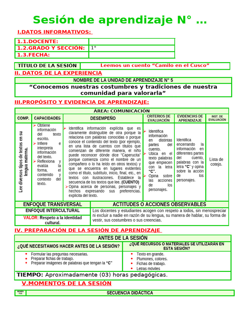 Sesión Leemos Un Cuento Camilo en Cusco Letra C Maestra Janet | PDF | Aprendizaje | Información