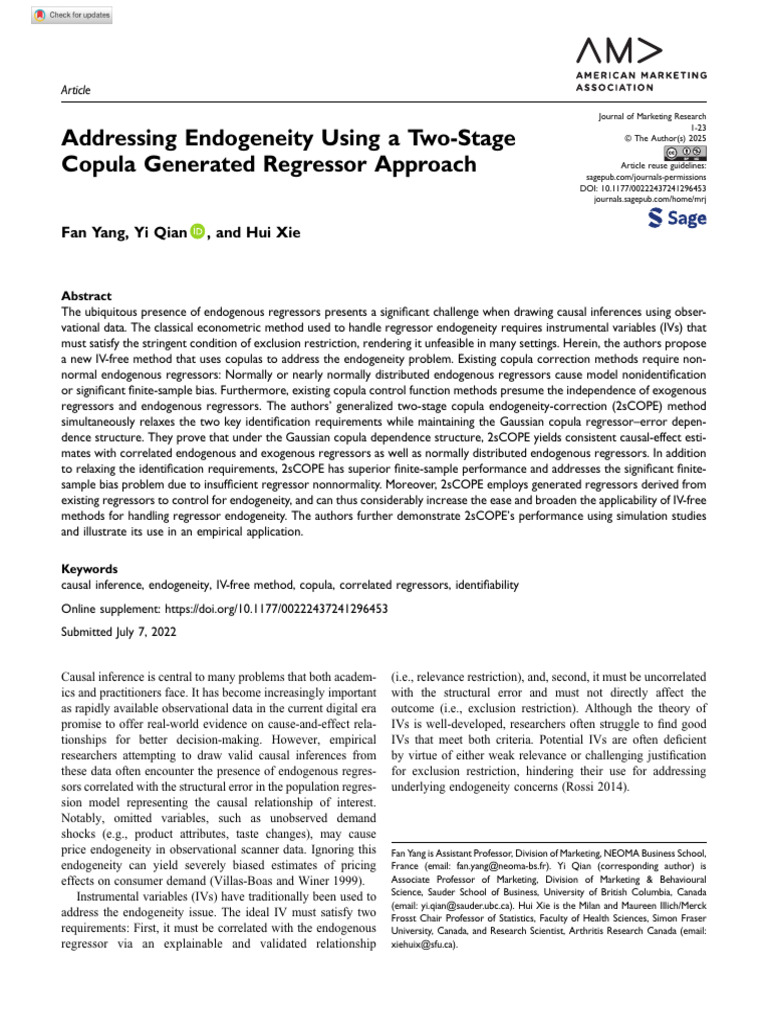 Yang Et Al 2025 Addressing Endogeneity Using A Two Stage Copula Generated Regressor Approach ...
