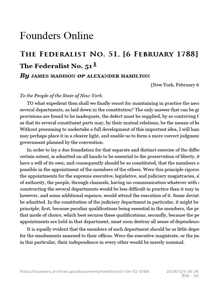 Federalist No. 51: Checks and Balances | PDF | The Federalist Papers ...