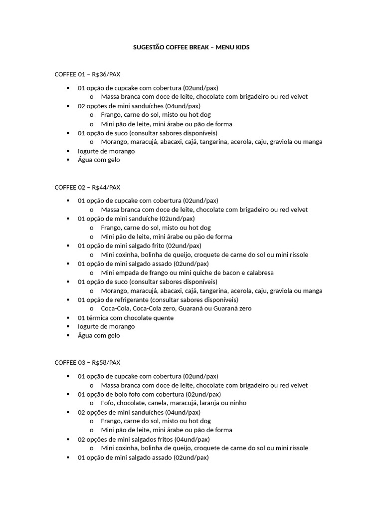 Coffee Break Infantil: Menu Kids | PDF | Culinária ocidental ...
