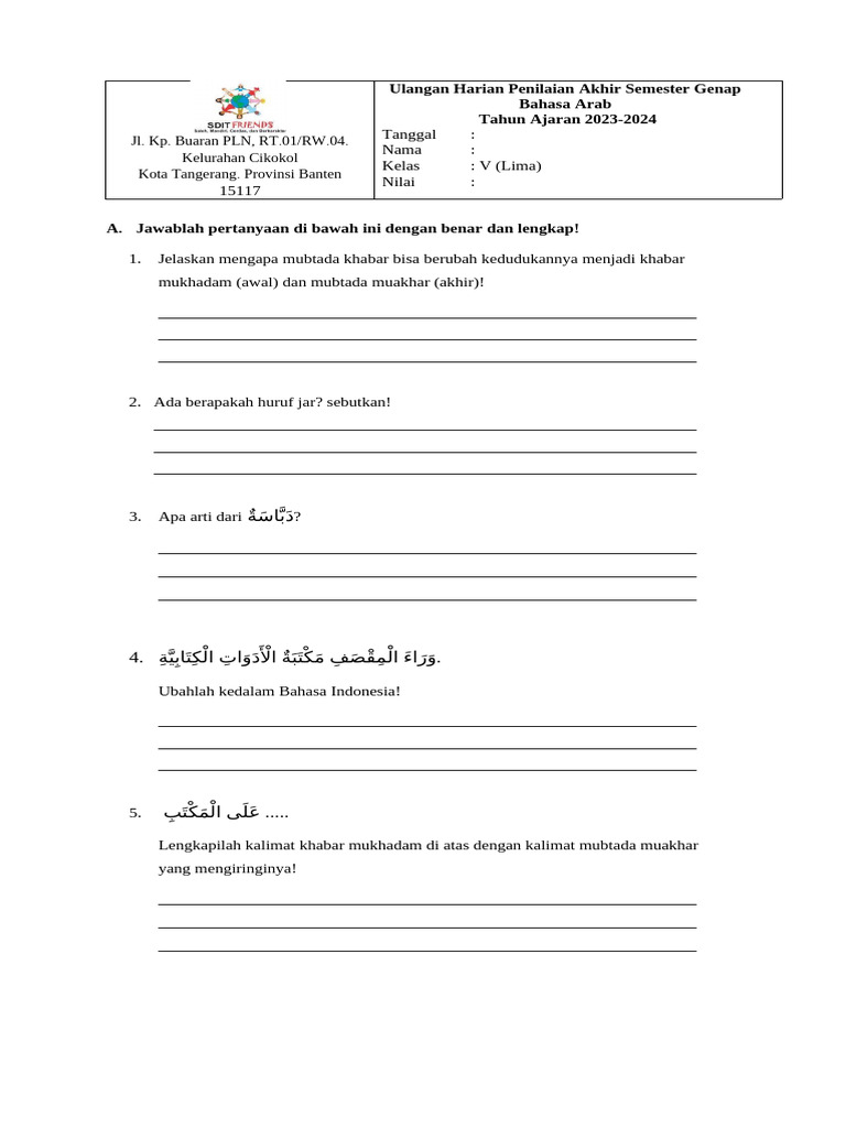 SOAL UH Bahasa Arab Kelas 5 | PDF