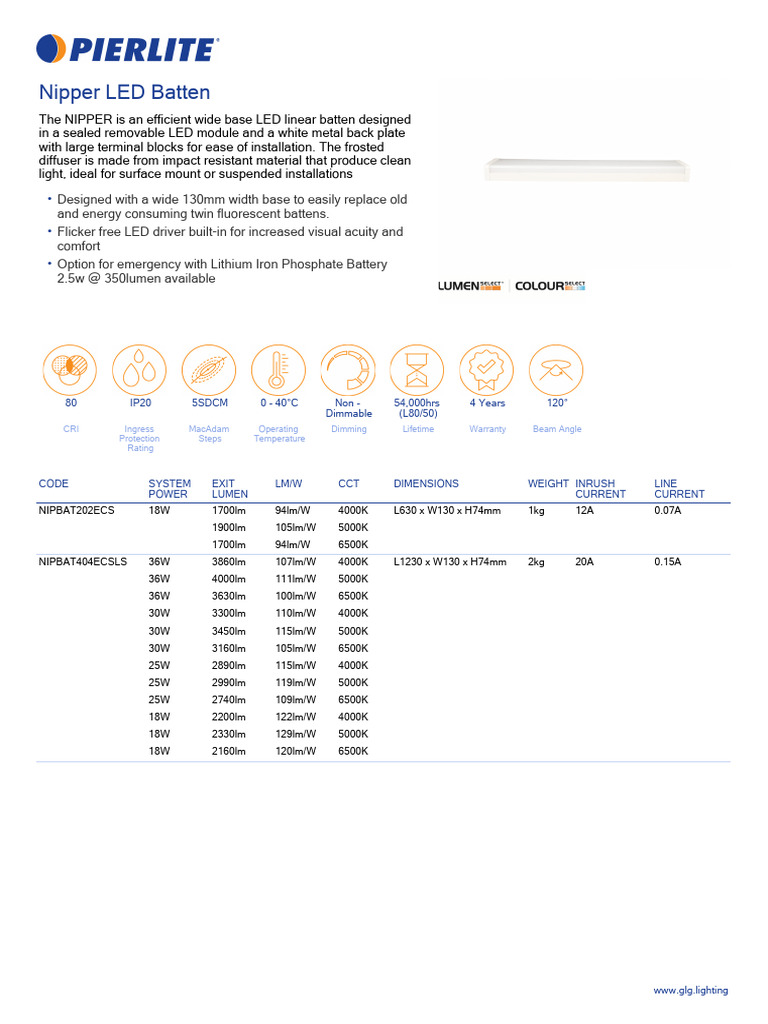 Pierlite-Nipper Led Batten Datasheet | PDF | Light Emitting Diode | Lighting