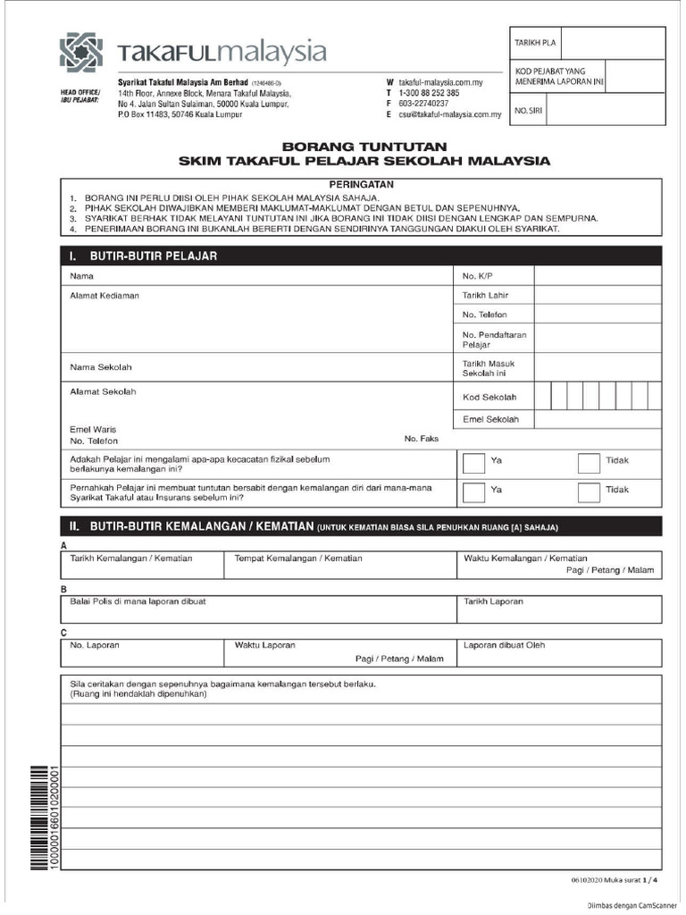 Borang Tuntutan Skim Takaful Pelajar Sekolah Malaysia-1 | PDF