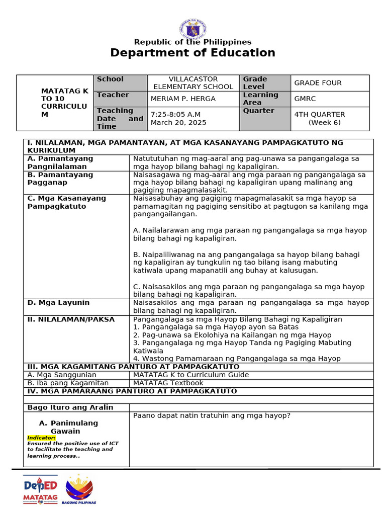 Lesson Plan Matatag With Indicators and Annotations | PDF