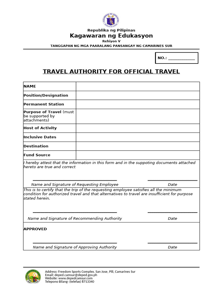 Camarines Sur Travel Authority Form | PDF
