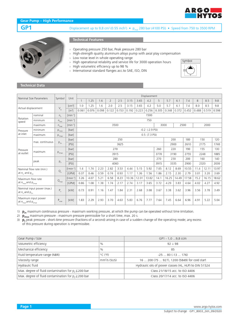 Argos-Hytos Pump Datasheet Gp1 Ha8003 en | PDF | Pump | Mechanical Engineering