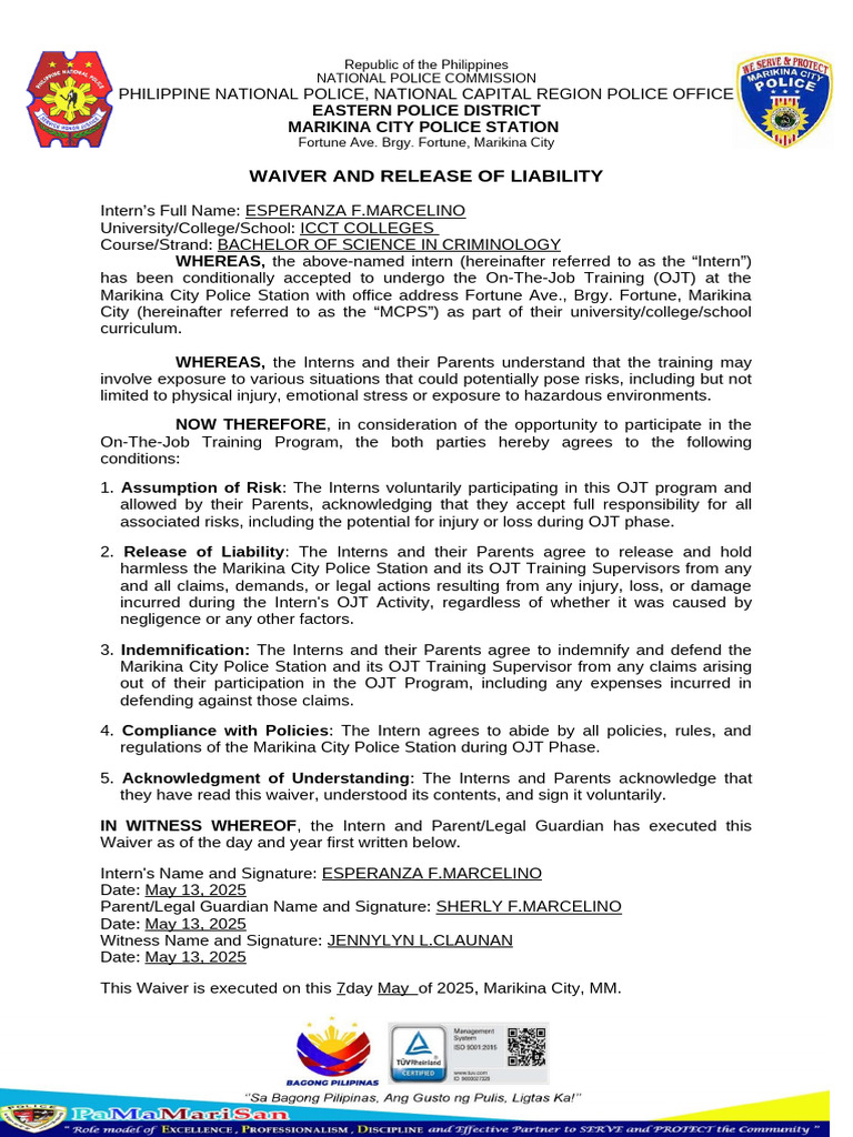 Ojt Waiver and Release of Liability | PDF | Indemnity | Private Law