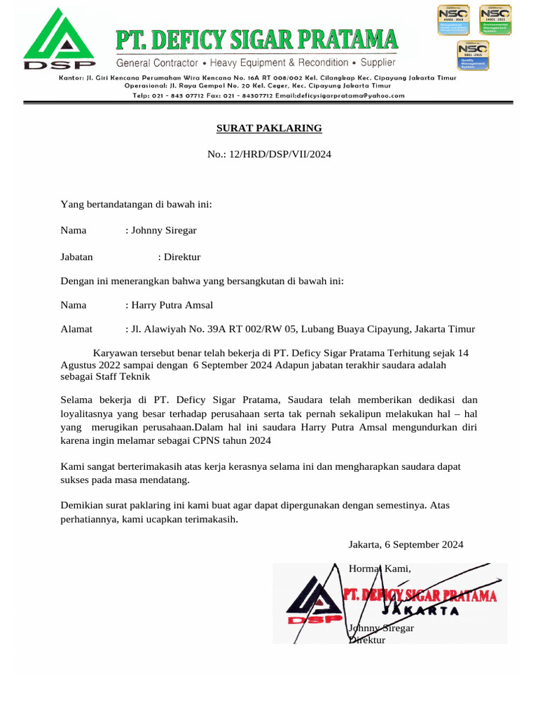 Surat Paklaring Harry Putra Amsal | PDF