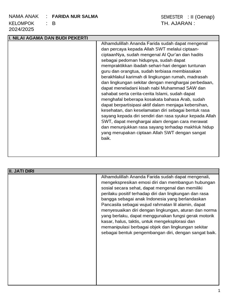 Isi Raport B Farida | PDF