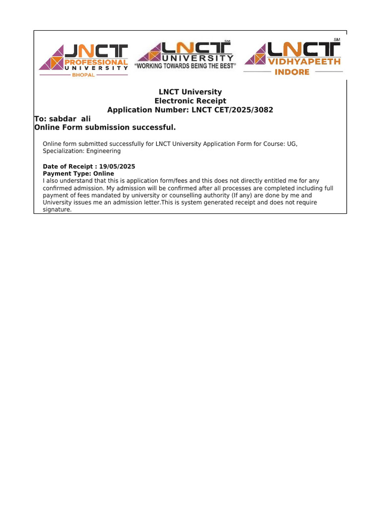 Acknowledgement Receipt LNCT CET 2025 3082 | PDF