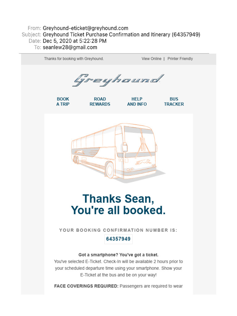 Greyhound Ticket Purchase Confirmation and Itinerary (64357949) | PDF