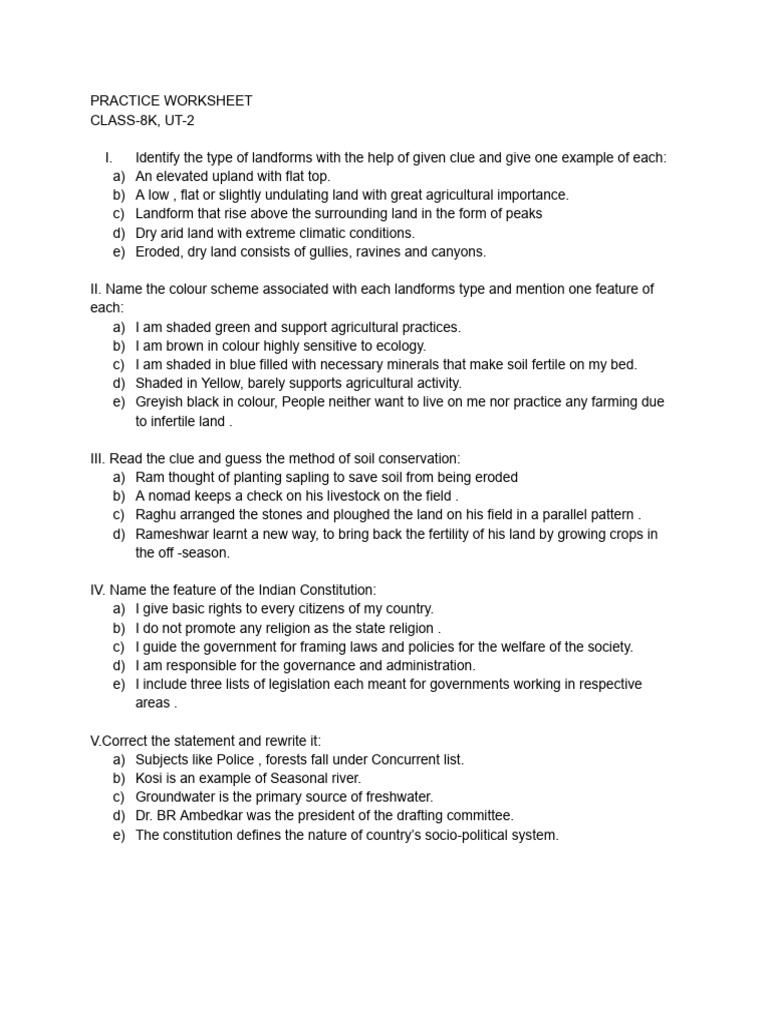 Practice Worksheet - 1, UT-2, Class-8K | PDF