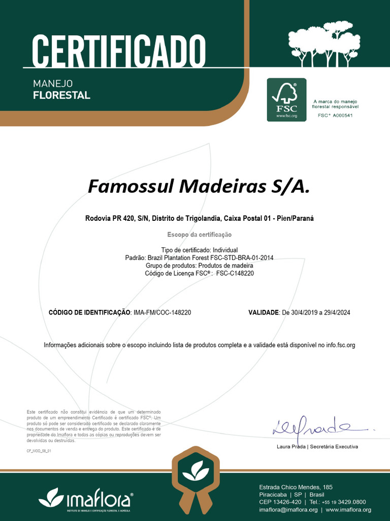 Famossul Madeiras S.A. IMA FM COC 148220 Certificado Val. 2024 | PDF