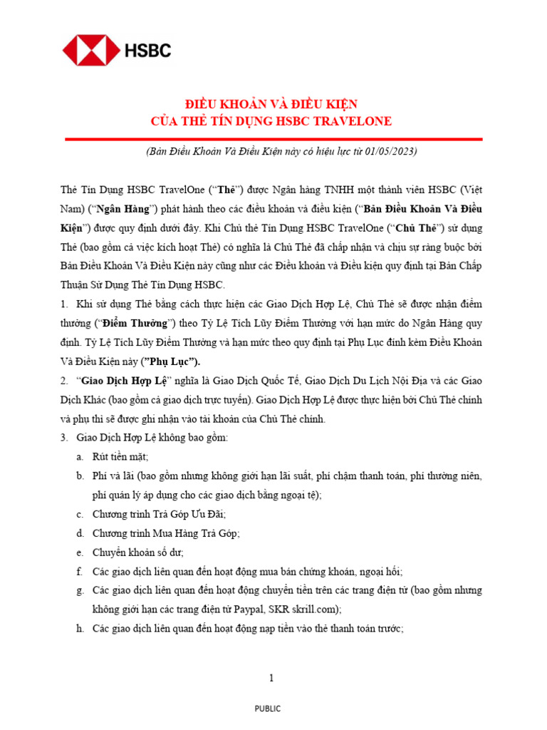Tcs HSBC Travelone Credit Card VN | PDF