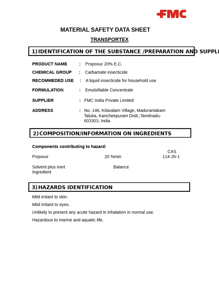 Transportex Propoxur 20% E.C. MSDS | PDF | Toxicity | Water