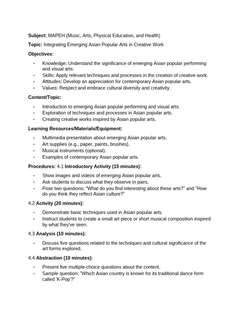 Grade 8 MAPEH (MA) Introduction To Emerging Asian Popular Performing and Visual Arts | PDF | The ...