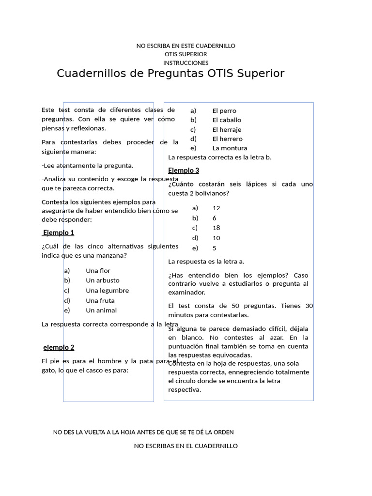 Test de Otis Superior: Instrucciones y Ejemplos | PDF