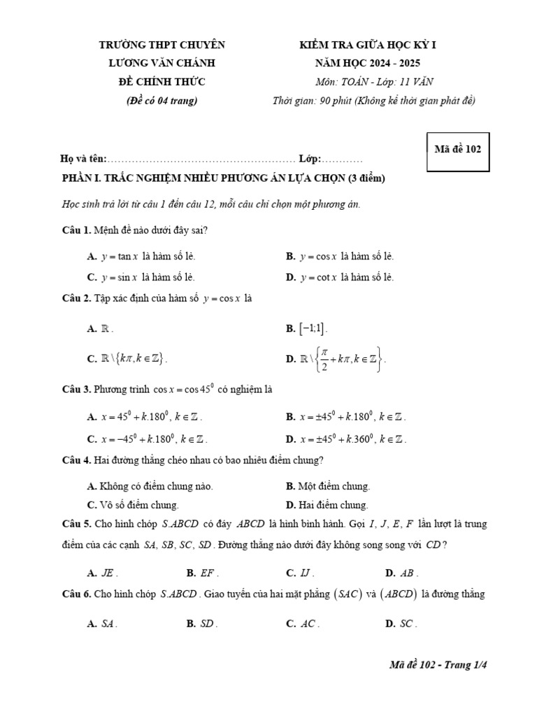 Đề KT Giữa HK1 - NH 24-25 - Lớp 11 Cơ Bản (Khang) - Mã Đề 102 | PDF