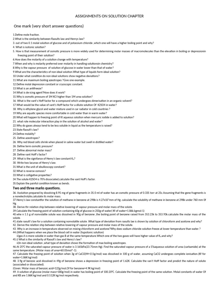 Assignments On Solution Chapter | PDF | Water | Chemistry
