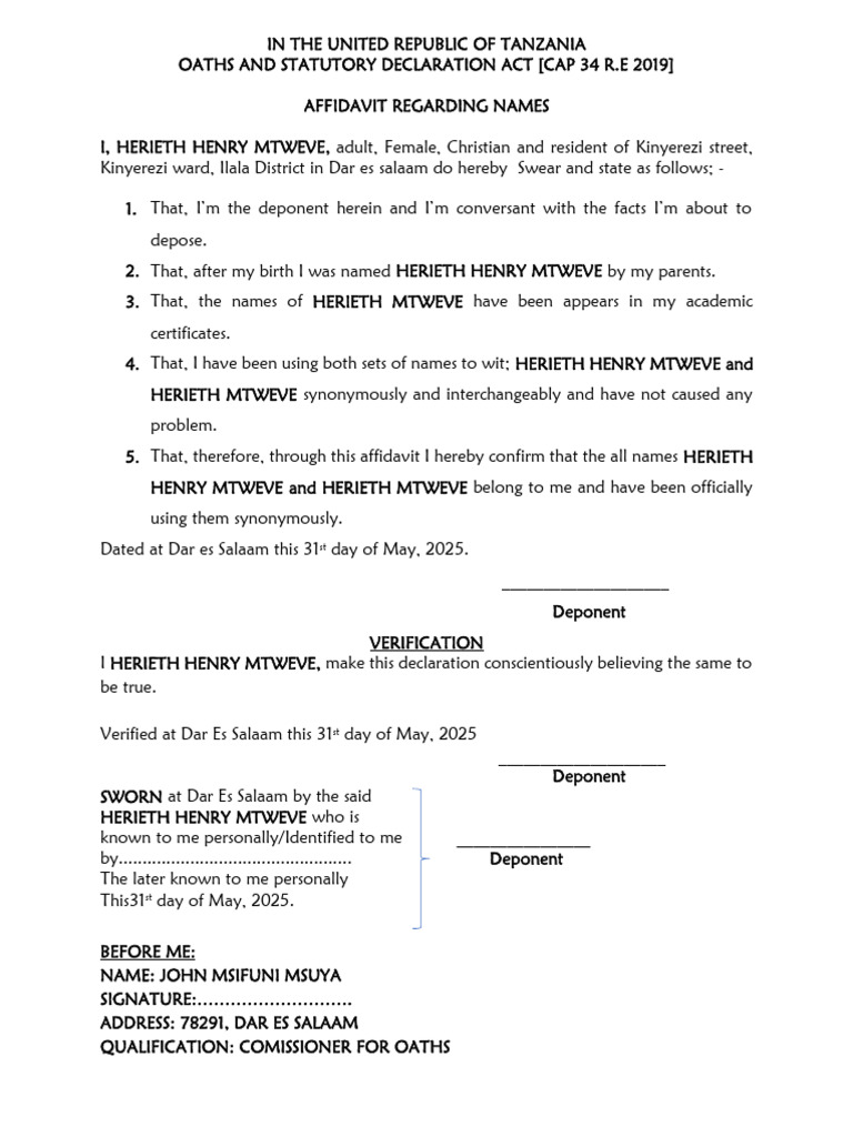 Affidavit of Names - Herieth H. Mtweve | PDF