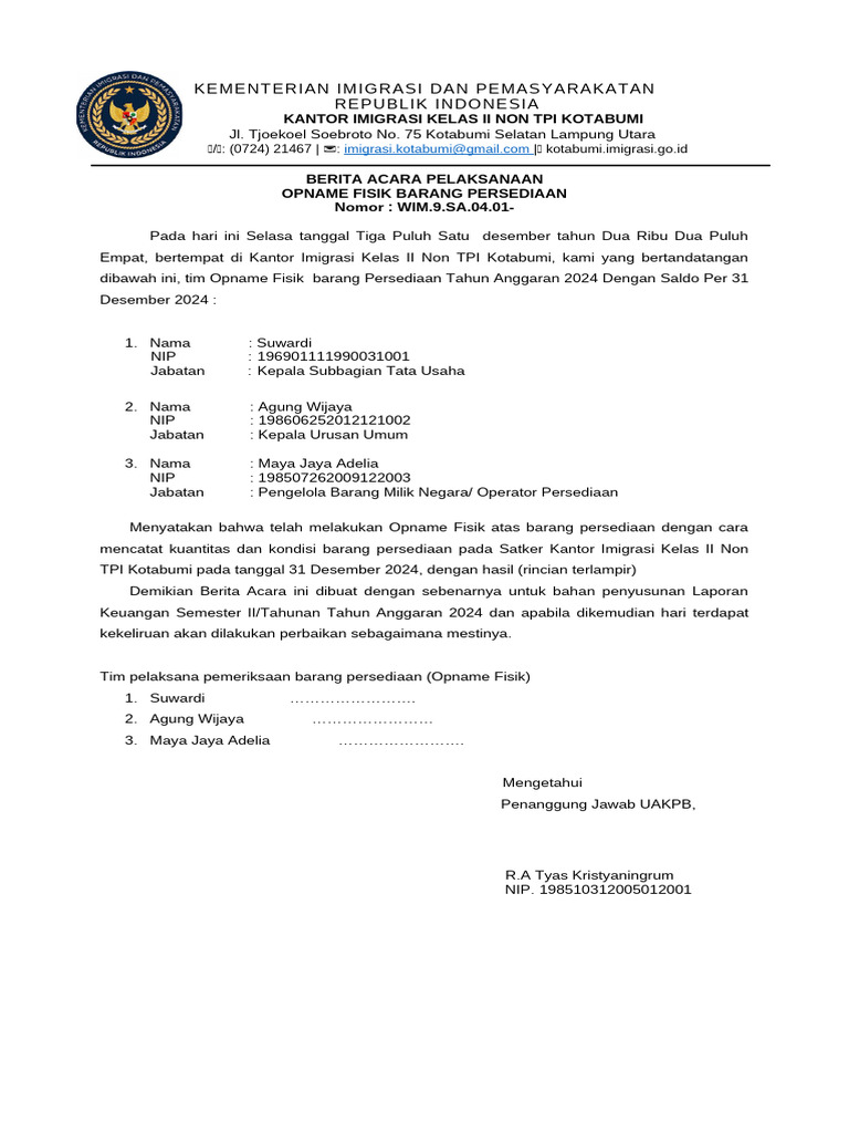 Ba Opname Fisik Sem 2 2024 | PDF