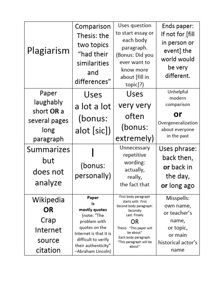 Bad Writing Bingo Single Page | PDF