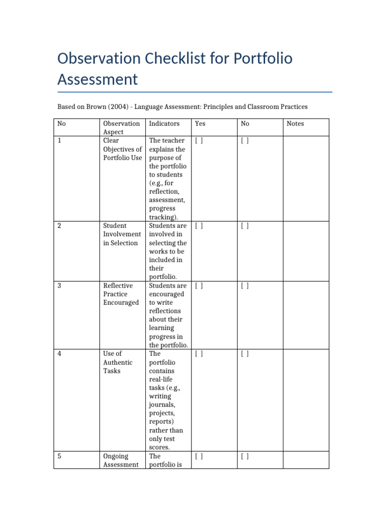 Observation Checklist Portfolio Brown-1 | PDF | Educational Assessment ...