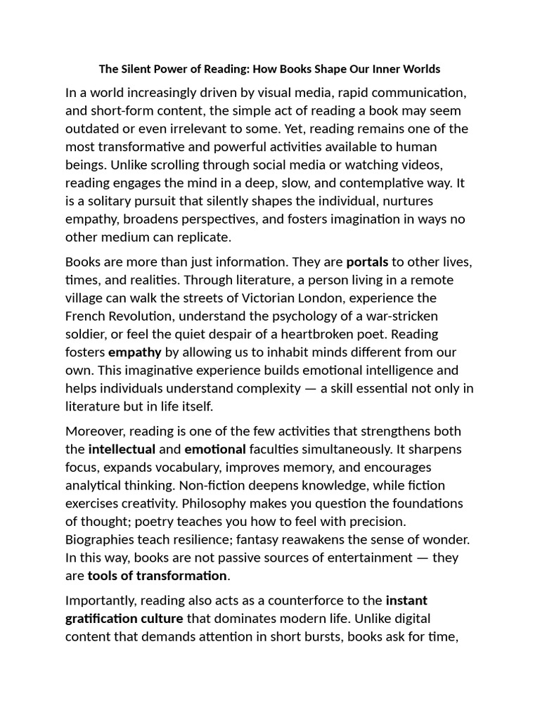 The Silent Power of Reading | PDF | Thought | Mind