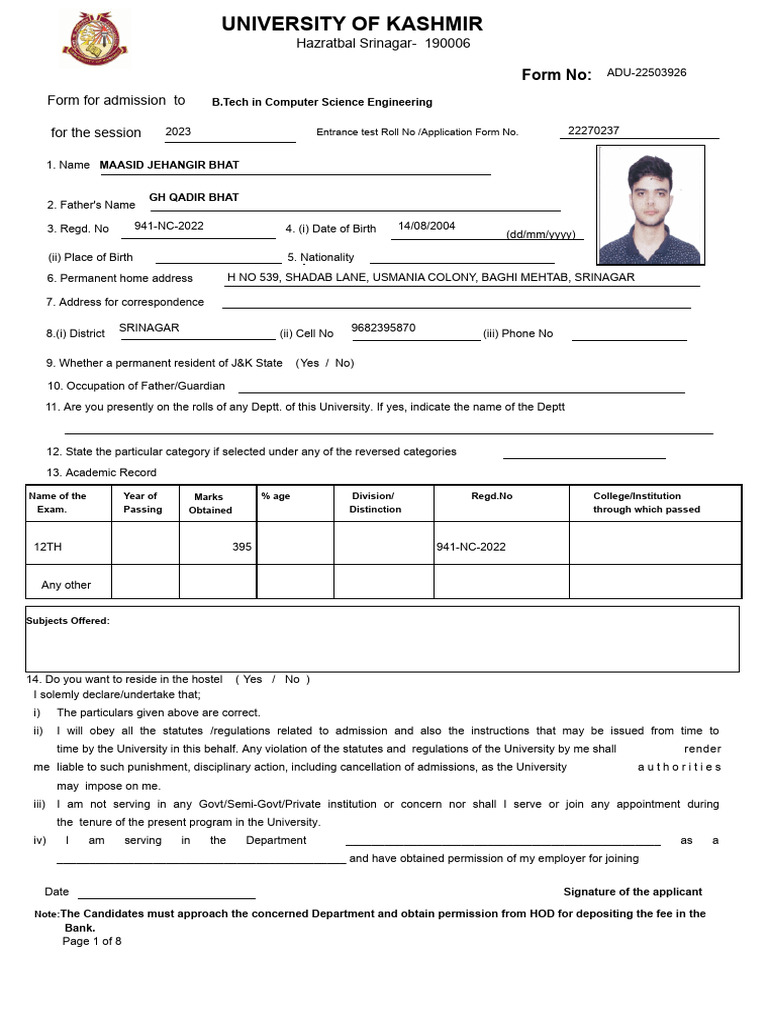 AdmissionForm 3rdsem 22503926 | PDF