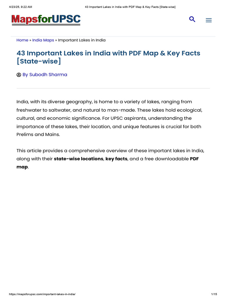43 Important Lakes in India With PDF Map & Key Facts (State-Wise) | PDF ...
