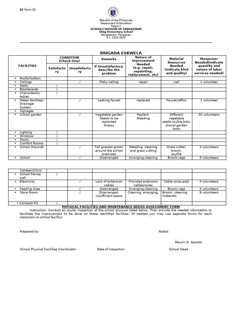 Be Form 1 Physical Facilities and Maintenance Needs Assessment Form | PDF