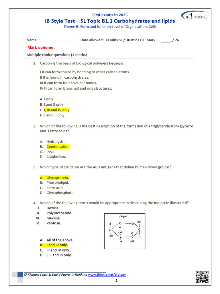 IB Test: Carbohydrates & Lipids B1.1 | PDF | Carbohydrates | Fatty Acid