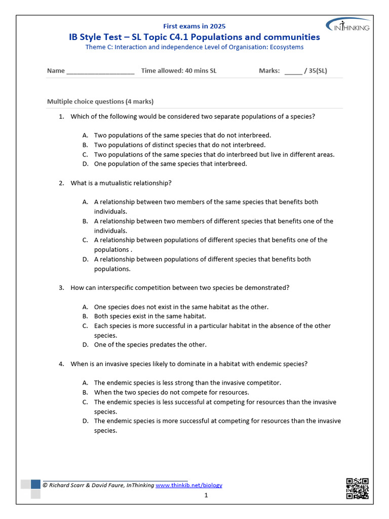 IB Biology C4.1 Ecosystem Interactions Exam | PDF | Zoology | Biology