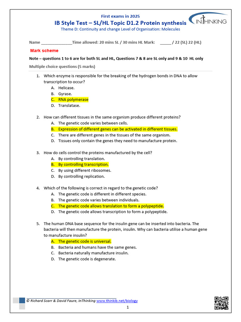 IB Test: Protein Synthesis Exam 2025 | PDF | Translation (Biology ...