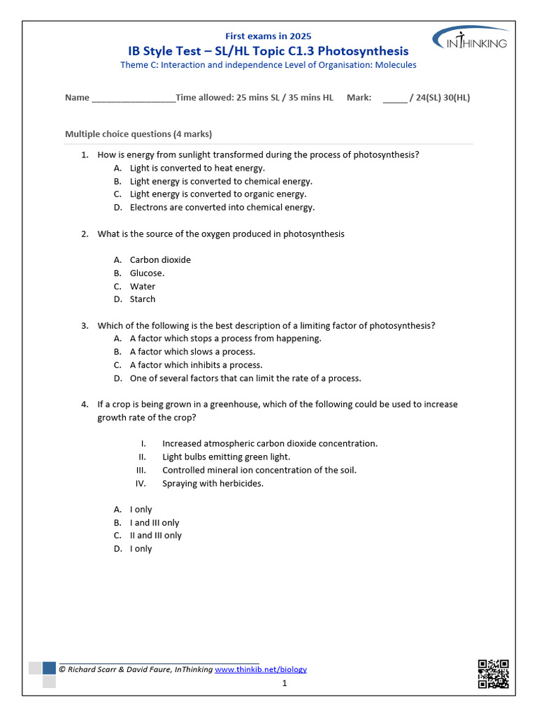IB Photosynthesis Exam Questions 2025 | PDF | Photosynthesis | Chemistry