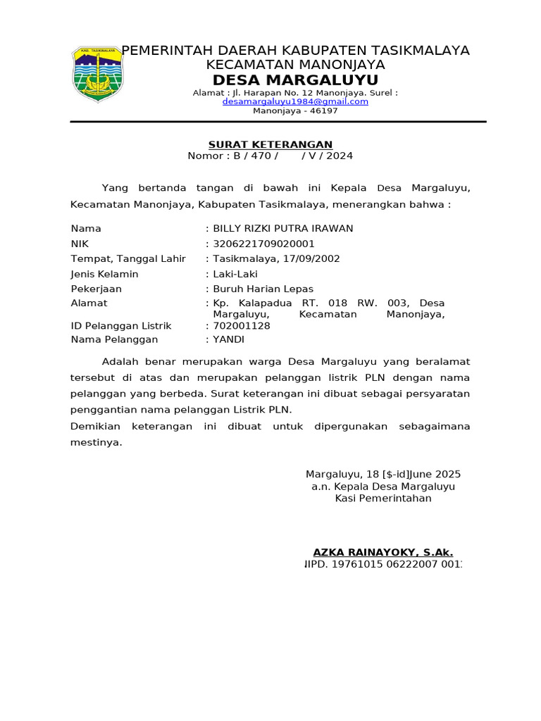 Surat Keterangan Penggantian Meteran Listrik 2 | PDF