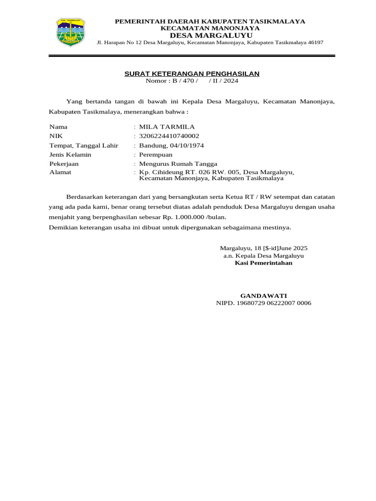 Surat Keterangan Usaha Desa Margaluyu | PDF