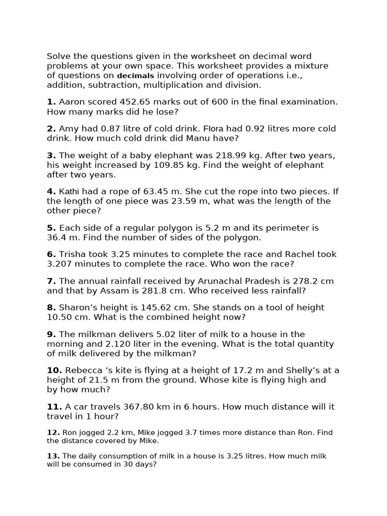 6th Grade Decimal Word Problems Worksheet | PDF