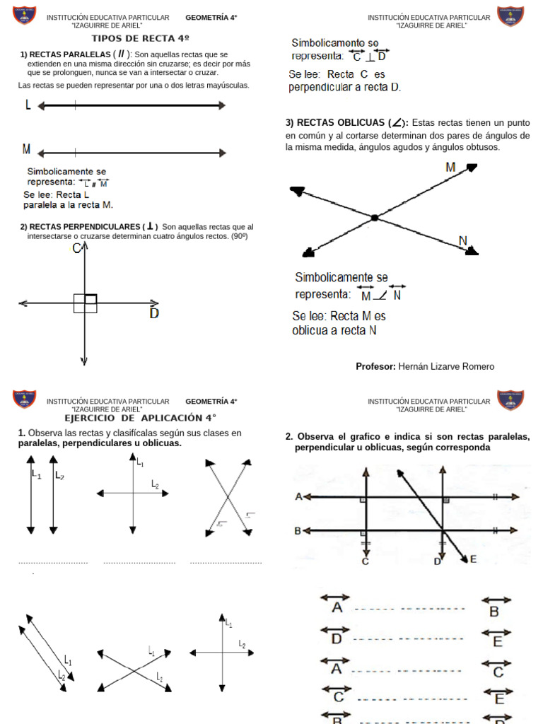 Tipos de Rectas para 4° de Primaria | PDF | Ángulo | Perpendicular