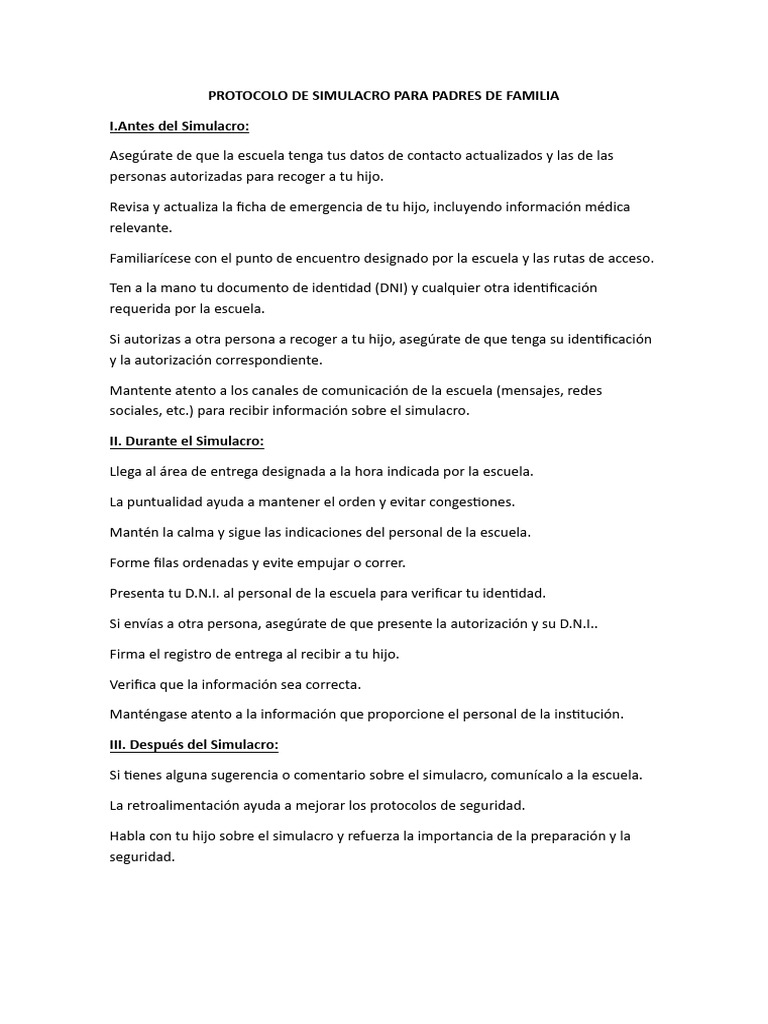 Protocolo de Simulacro para Padres de Familia | PDF