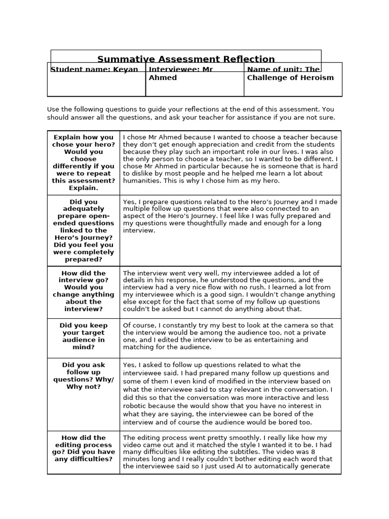 Heroisim Assessment Reflection Grade 8 Keyan | PDF | Interview | Cognition