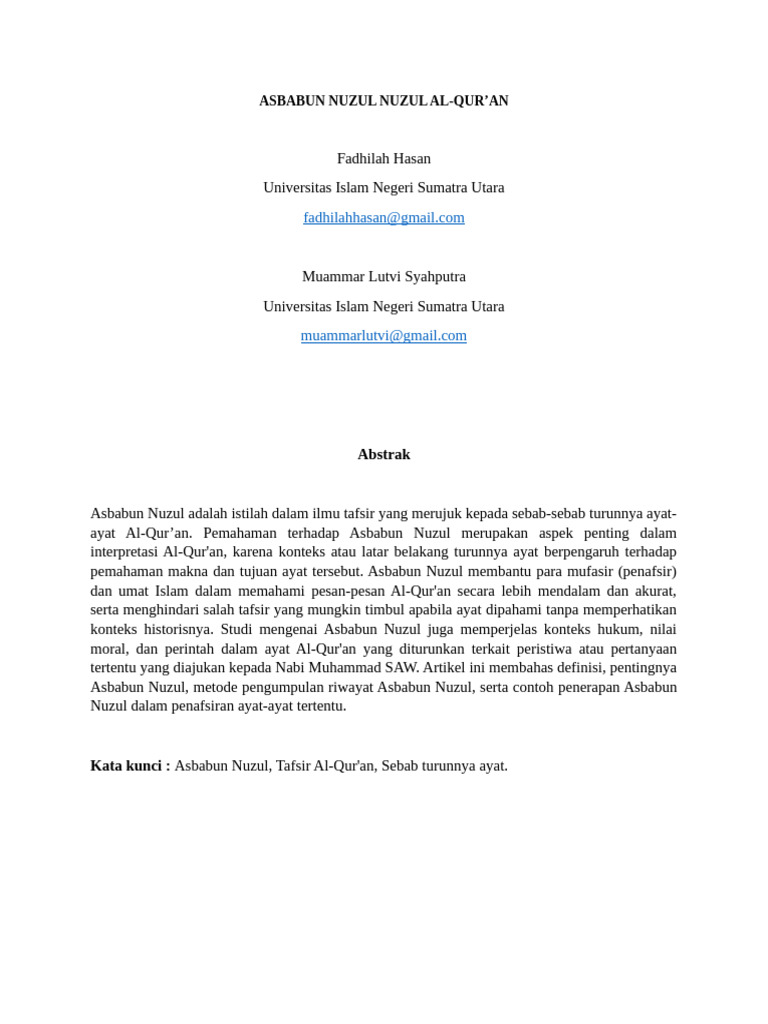 ASBABUN NUZUL. Fadhilahhasan&Lutvi | PDF