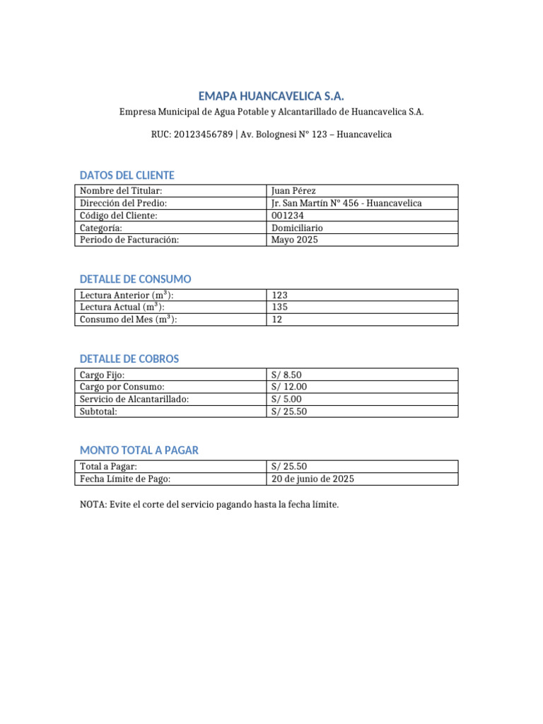 Recibo EMAPA Huancavelica | PDF