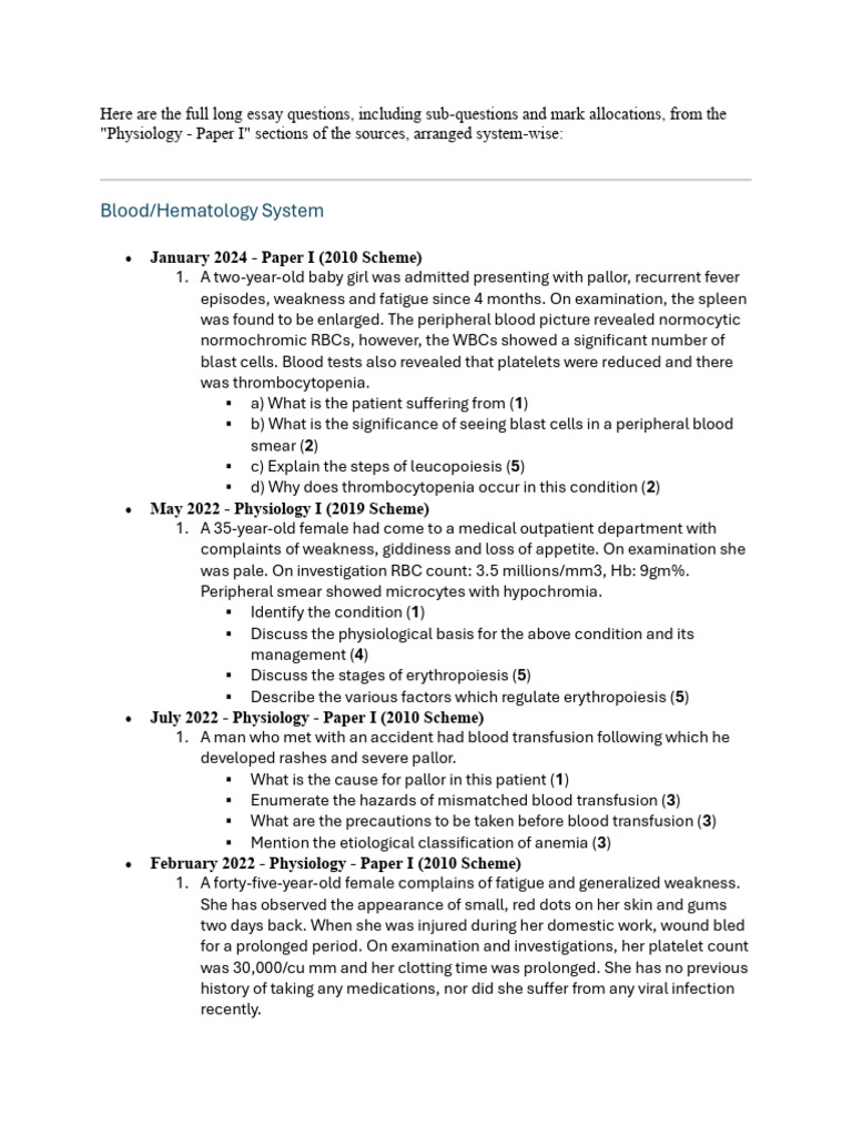 KUHS Physiology Exam Questions Summary | PDF | Bleeding | Blood Pressure
