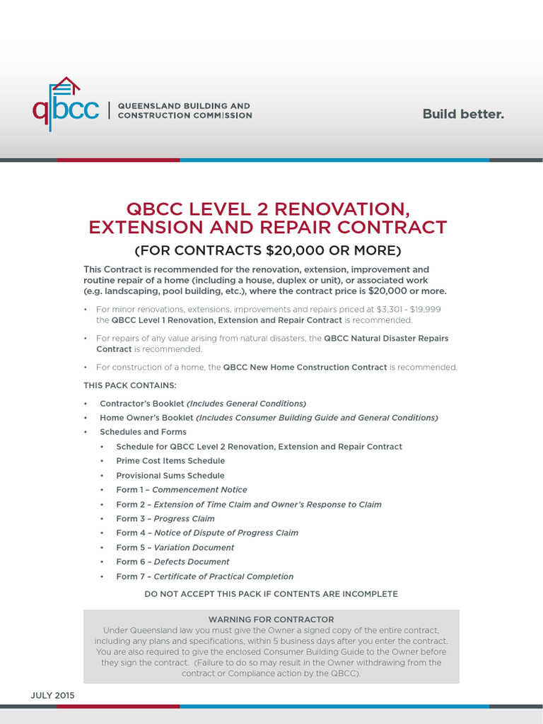 QBCC Level 2 Renovation Extension and Repair Contract | PDF | Indemnity | Legal Liability