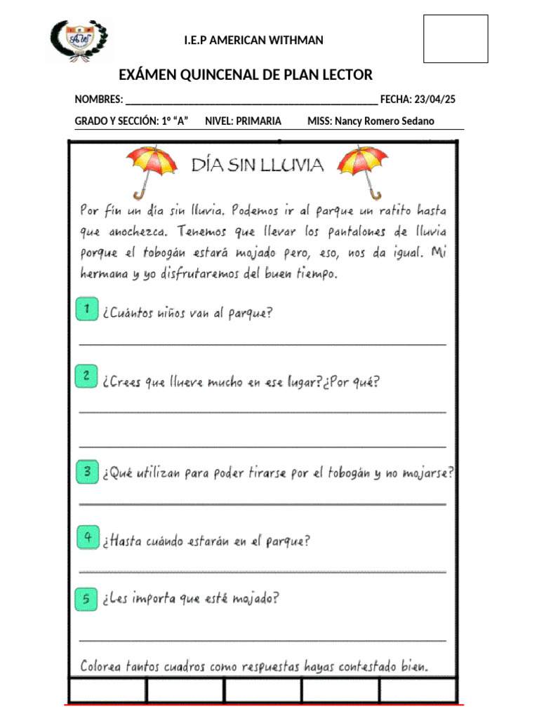 Examen Quincenal Plan Lector | PDF