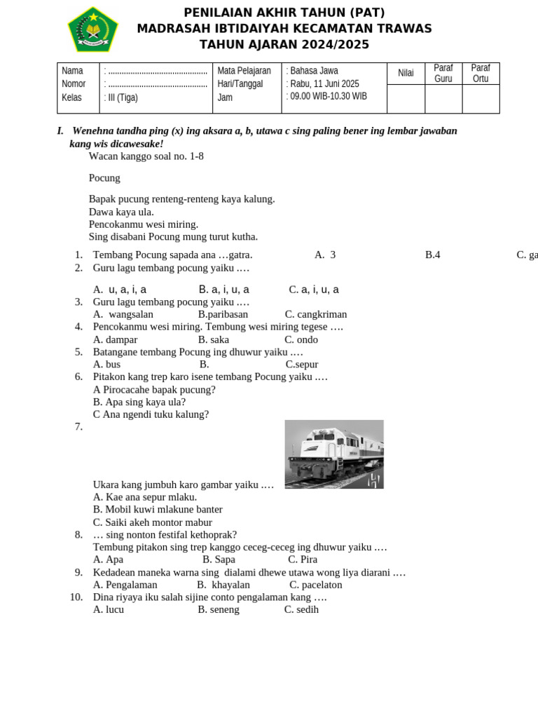 Soal Bhs Jawa Kelas 3 | PDF