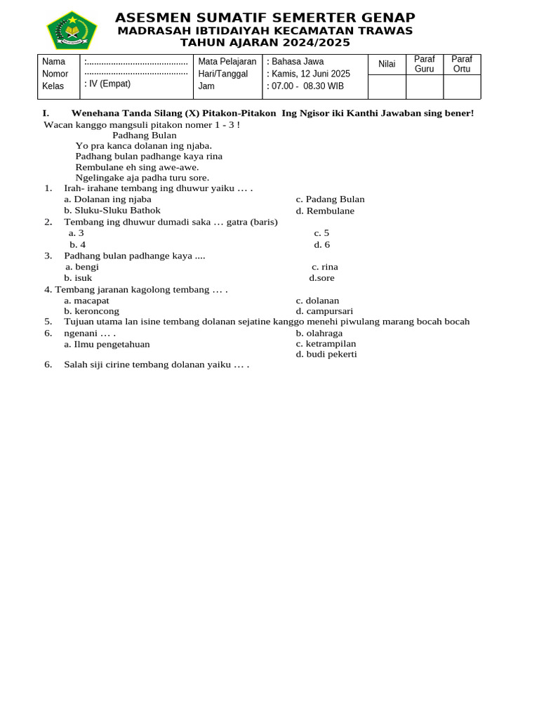 Soal Bhs Jawa Kelas 4 | PDF