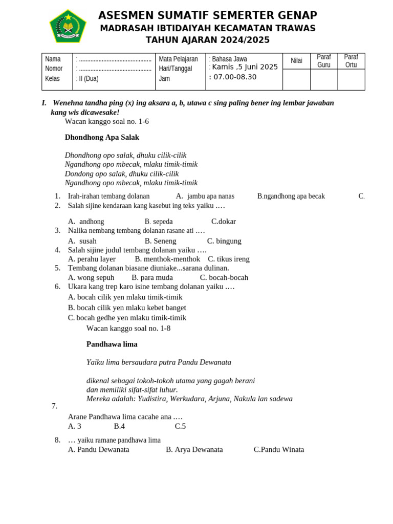 Soal Bhs Jawa Kelas 2 | PDF