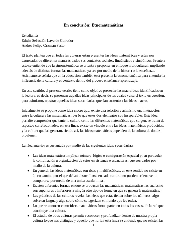 Macro y Micro Ideas-En Conclusión - Etnomatemáticas | PDF | Pensamiento ...